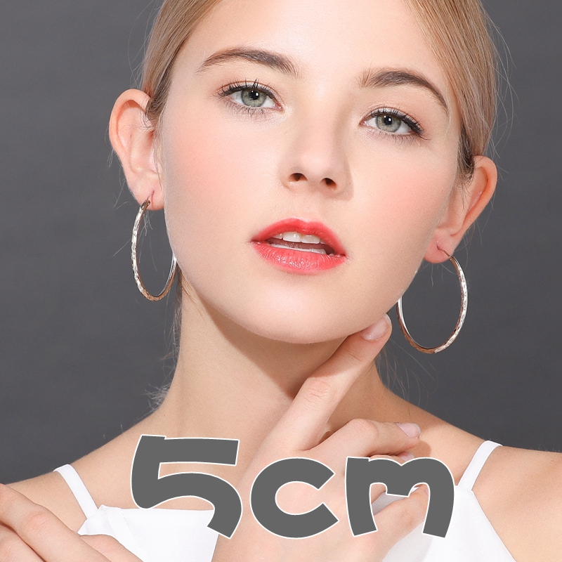 通体S925纯银镀白金大耳圈圈加粗大圆圈耳环时尚刻花闪夸张显脸小_虎窝淘