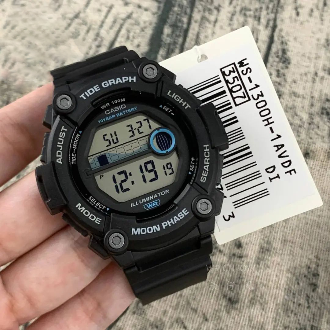 正品Casio复古方块卡西欧男运动防水学生新款电子手表WS-1300H-1A_虎窝淘
