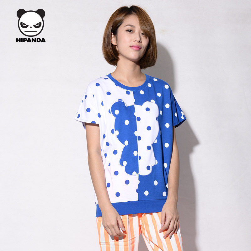 HIPANDA你好熊猫设计潮牌女款波点拼接短袖T_虎窝淘
