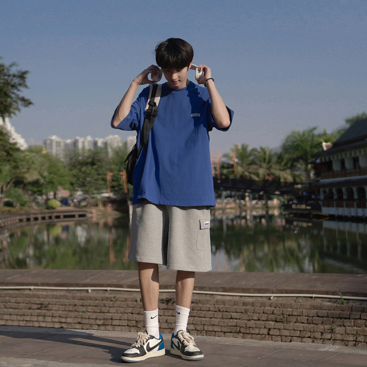 E230G夏季新品男士短袖T恤简约潮牌刺绣圆领落肩半袖衫学生体恤te_虎窝淘