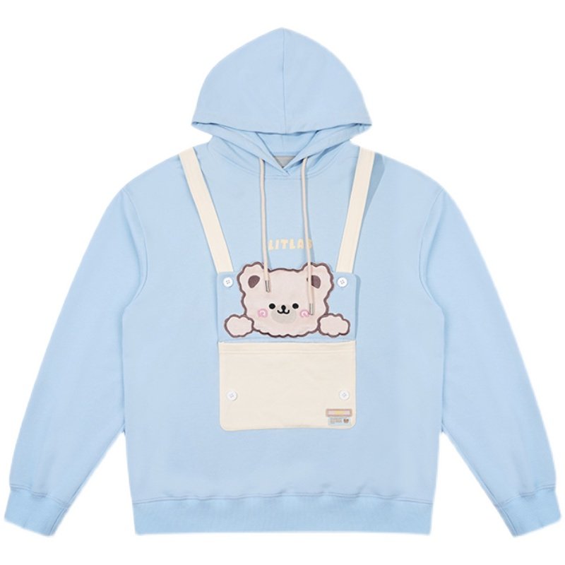 LITLAB翻折背带小熊帽衫宽松休闲青春可爱春季连帽男卫衣潮牌_虎窝淘