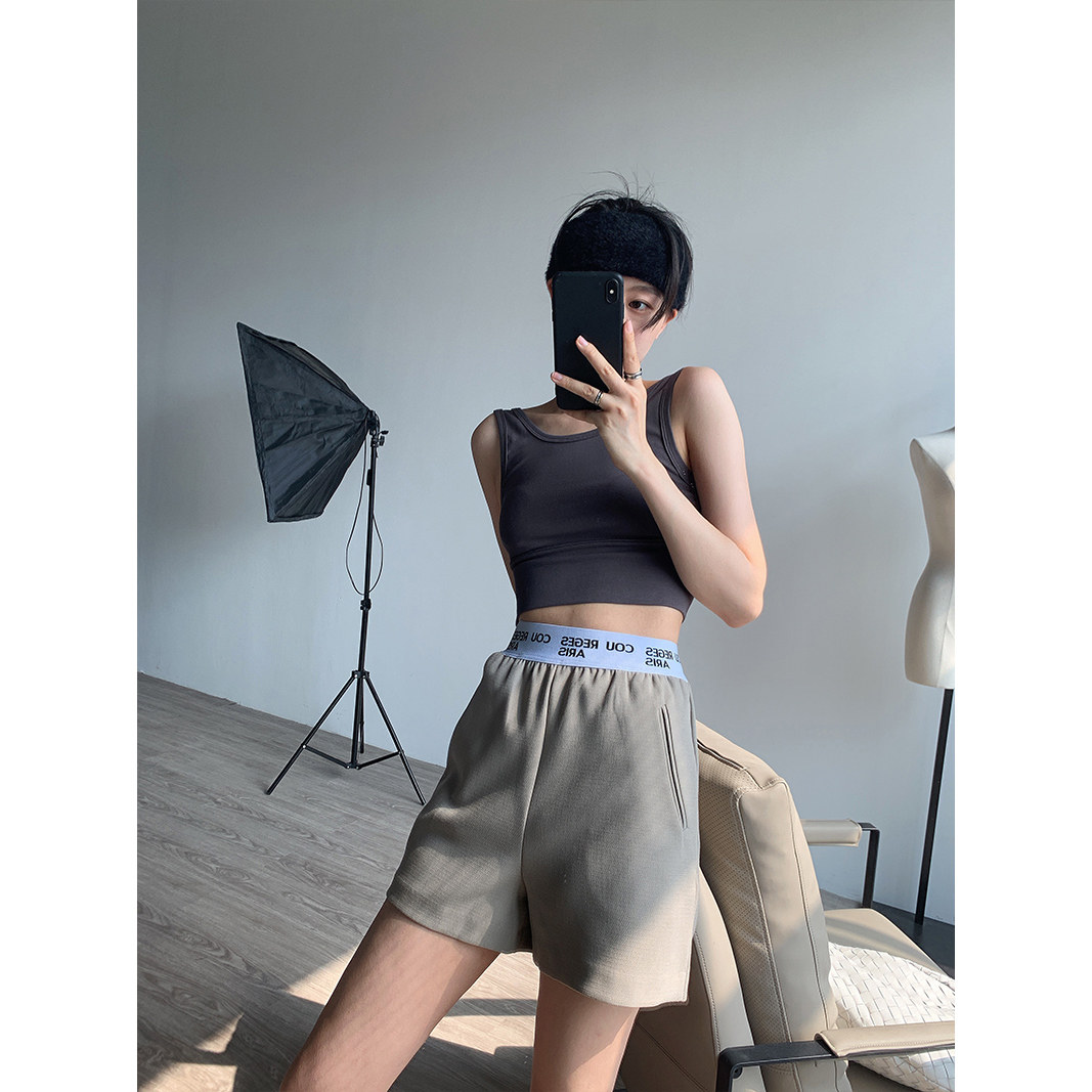 HONORE轻运动风/腰部字母运动裤宽松阔腿短裤高腰显瘦休闲裤_虎窝淘