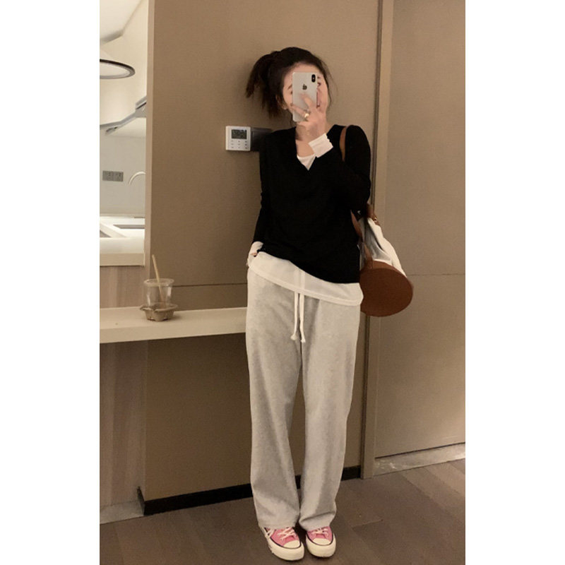 Popoco灰色假两件T恤女2022春秋新款v领宽松韩版基础打底长袖上衣_虎窝淘