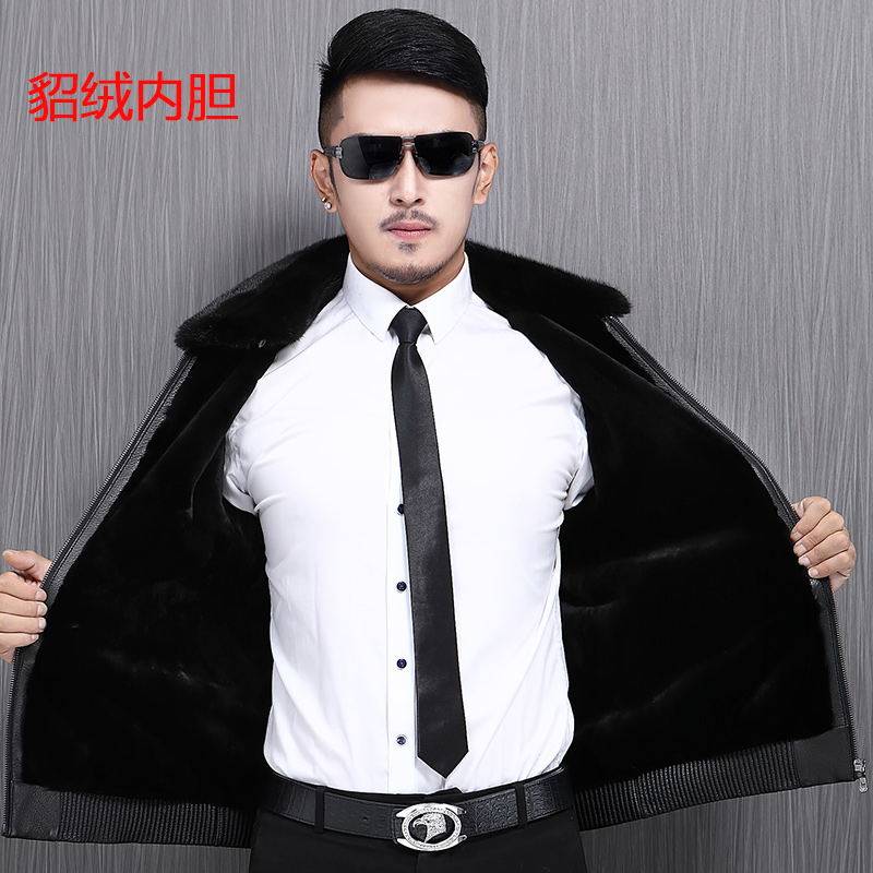 短款水貂领真皮皮衣男鹿皮貂绒内胆皮毛一体夹克外套海宁貂皮皮草_虎窝淘