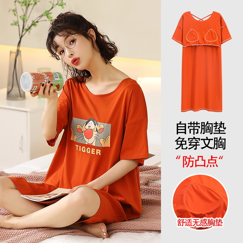 带胸垫睡裙女纯棉孕妇连衣裙子200斤睡衣加肥特大码夏季家居服5XL_虎窝淘