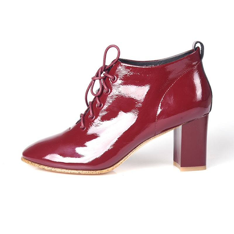 牛漆皮ZUSE系带休闲酒红色短靴秋冬复古倒靴前系带粗跟马丁靴8161_虎窝淘