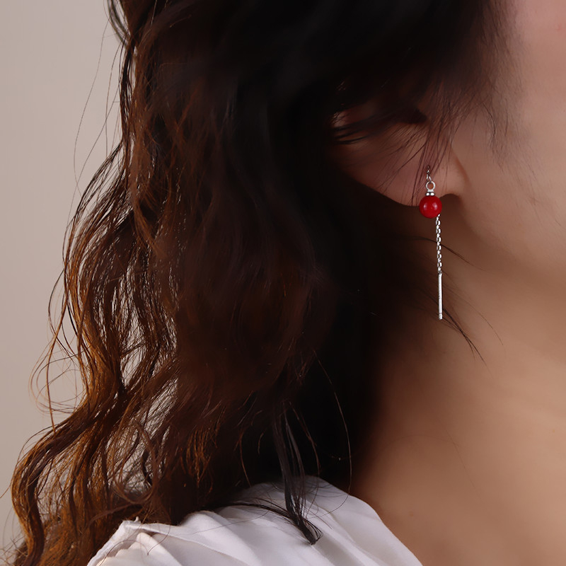 s925银红色耳线女2022年新款潮气质长款耳环复古轻奢高级感耳饰夏_虎窝淘