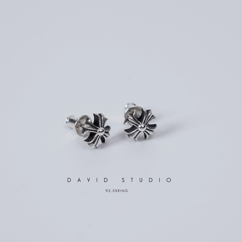 David studio925纯银十字花十字花小号做旧耳环耳钉坠男女同款_虎窝淘