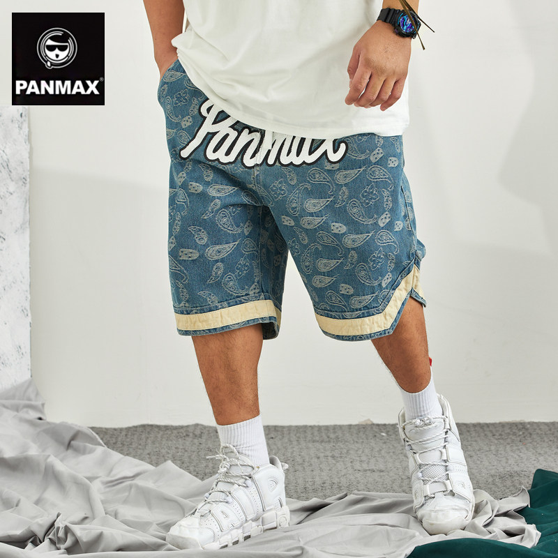 【MID】PANMAX潮牌男装潮流嘻哈满印刺绣五分裤宽松休闲牛仔短裤_虎窝淘