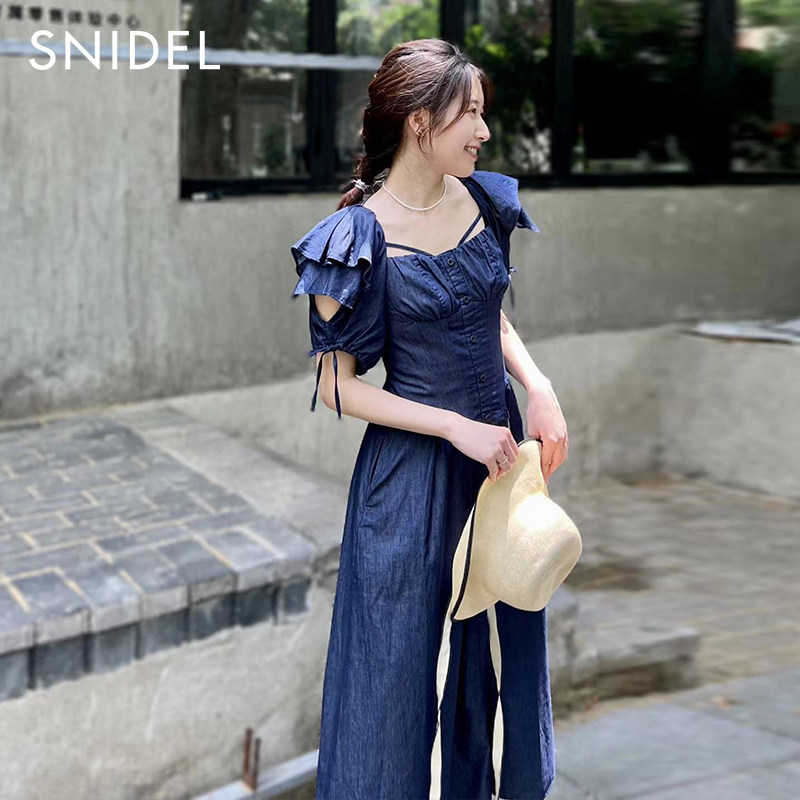 SNIDEL春夏法式方领荷叶边小飞袖露背连衣裙SWFO221054_虎窝淘