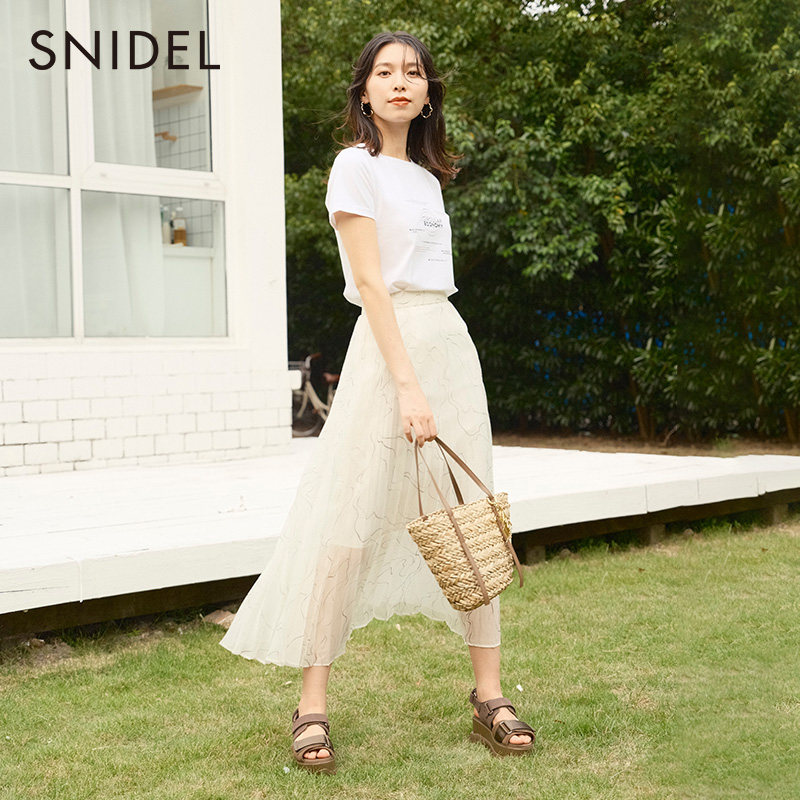 SNIDEL春夏百搭时尚光泽感高腰百褶伞裙雪纺半身裙SWFS222094_虎窝淘