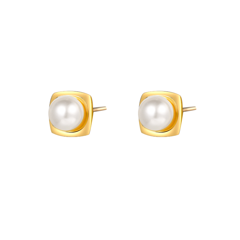 韩国流行10K 14K黄金耳钉女 2023新款潮时尚几何方形珍珠彩金耳饰_虎窝淘