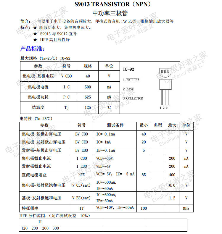 (50个)直插S9013 NPN型 0.5A 40V常用小功率三极管晶体管_虎窝淘