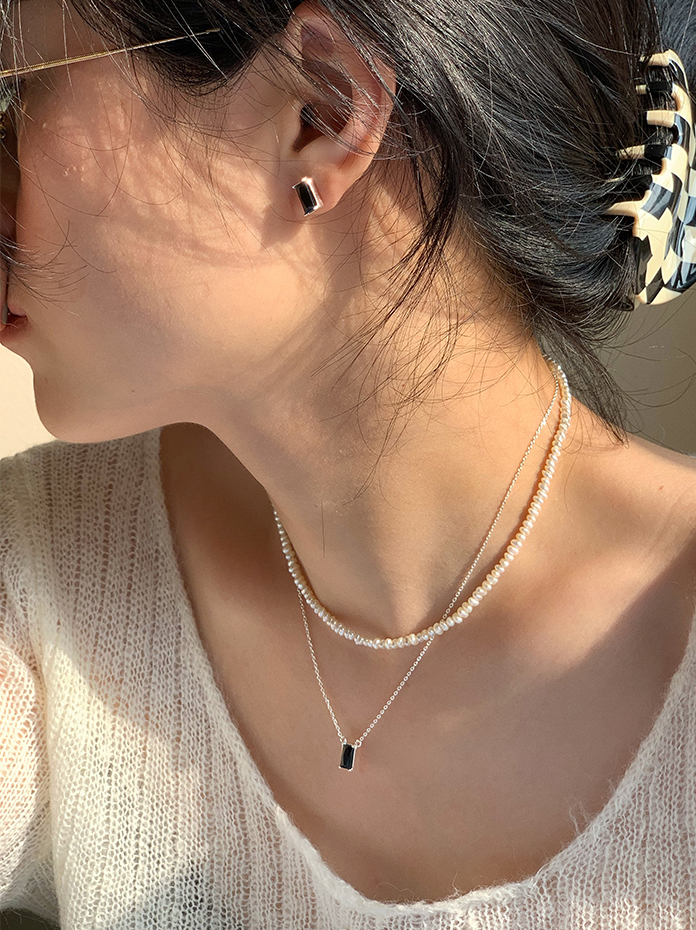 LLab简约百搭925银黑色锆石镶嵌方形项链女八心八箭星空吊坠锁骨_虎窝淘