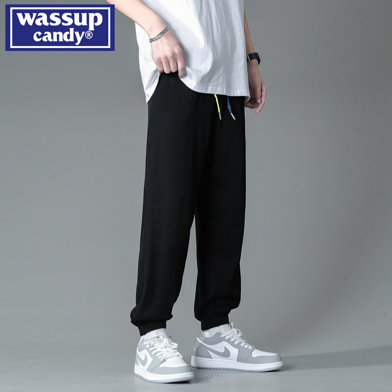 wassup candy华夫格裤子男夏季薄款潮牌束脚运动裤宽松休闲冰丝裤_虎窝淘