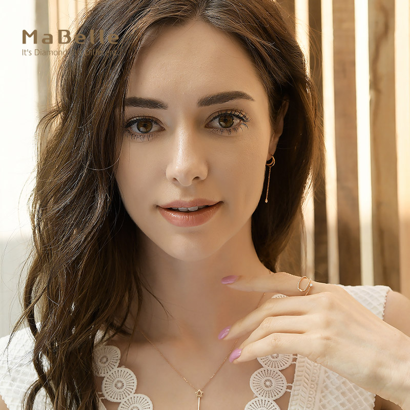 MaBelle/玛贝尔18K玫瑰金垂坠式钻石耳钉一对气质时尚轻奢简约_虎窝淘