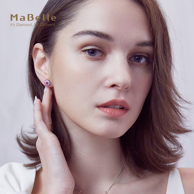 MaBelle/玛贝尔18K红白金公主方粉蓝宝拼镶钻石耳钉一款两戴_虎窝淘