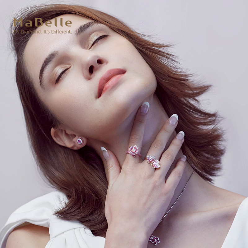 MaBelle/玛贝尔18K红白金公主方粉蓝宝拼镶钻石耳钉一款两戴_虎窝淘