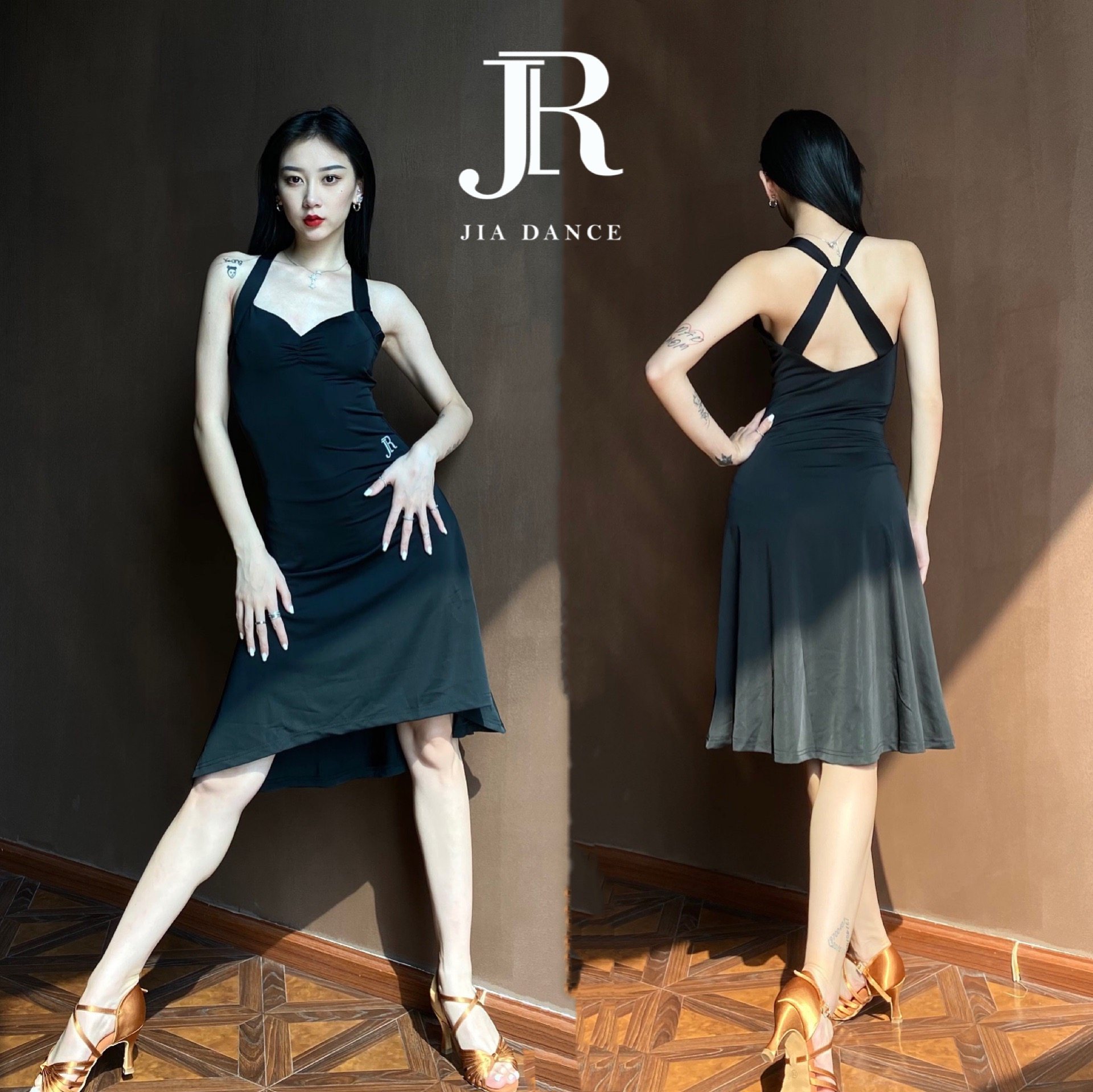JIA.DANCE拉丁舞新款连衣裙女露背修身表演服前短后长带胸垫R64_虎窝淘