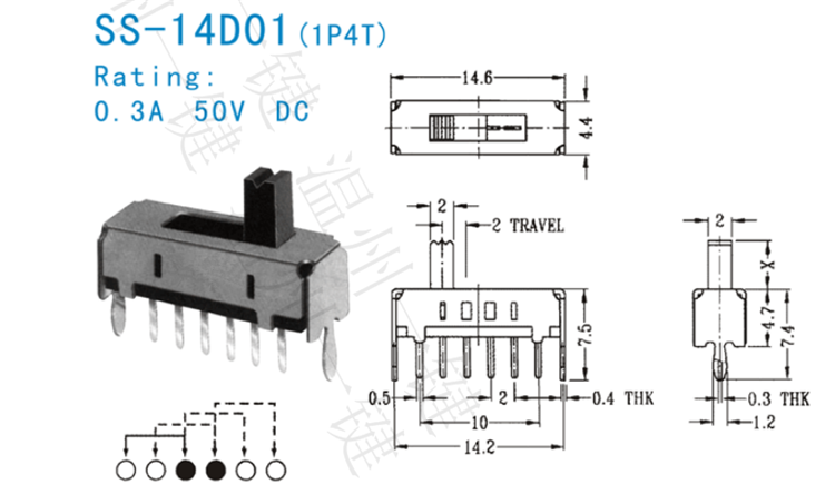 SS-14D01（1P4T）各种高度单排6脚4四档立式拨动开关直插带滚珠_虎窝淘