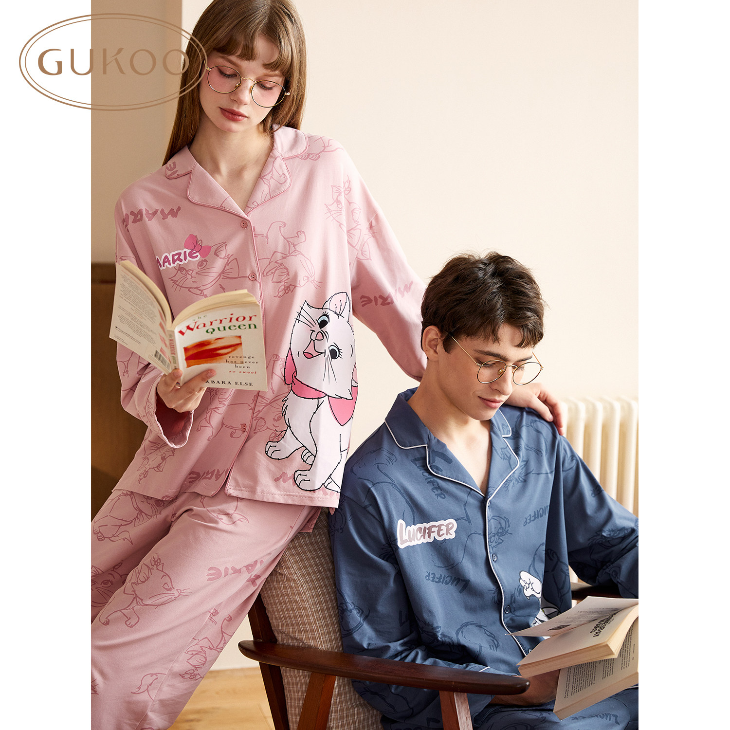 Gukoo/果壳睡衣情侣春秋款迪士尼联名新款棉氨女士家居服套装C_虎窝淘