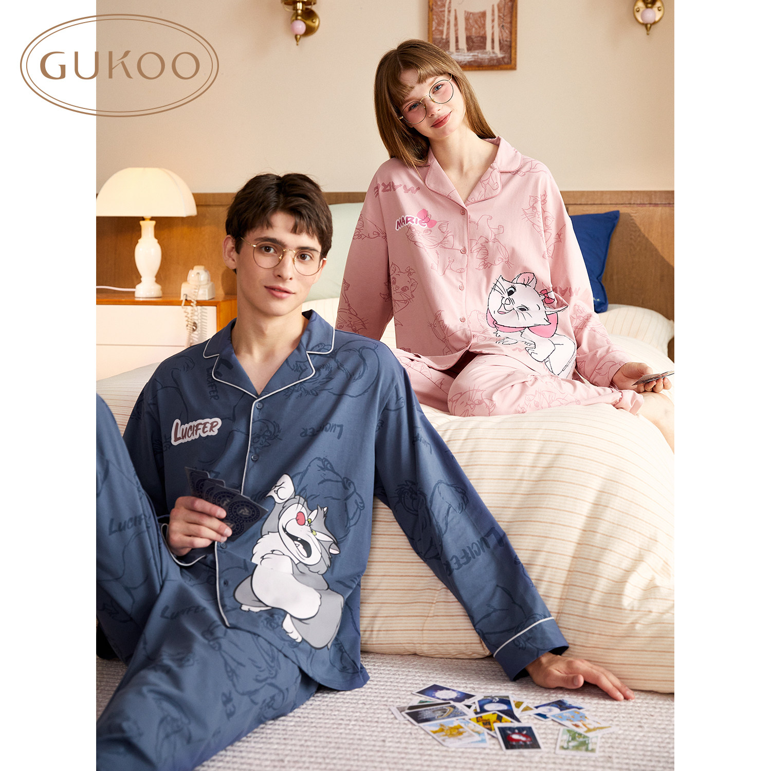 Gukoo/果壳睡衣情侣春秋款迪士尼联名新款棉氨女士家居服套装C_虎窝淘