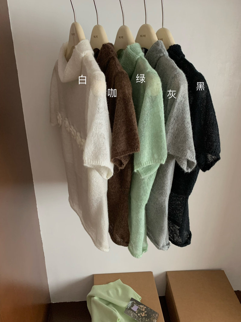 【WGWE】2023秋季甜美个性设计感时尚百搭立体花朵高领短袖针织衫_虎窝淘