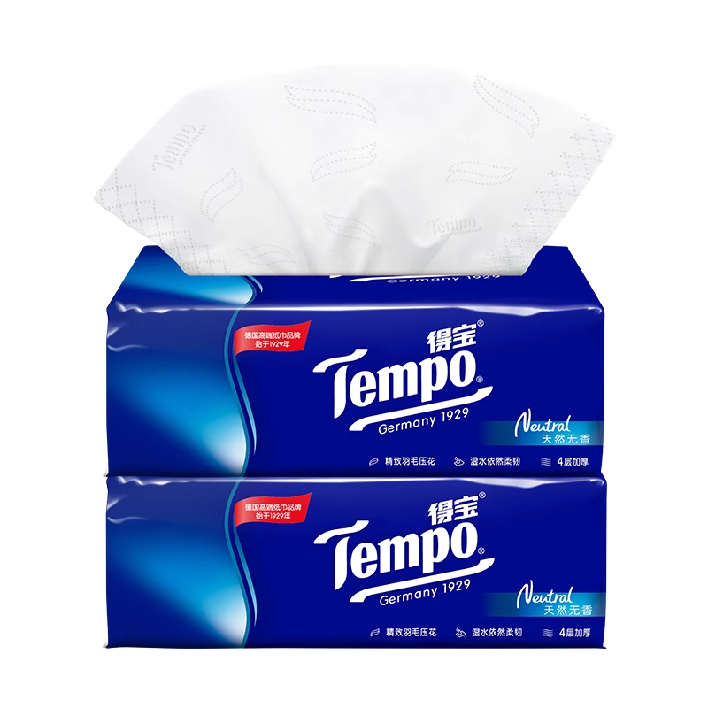 【会员派样】tempo得宝经典纸巾4层加厚无香湿水柔韧软抽90抽2包_虎窝淘