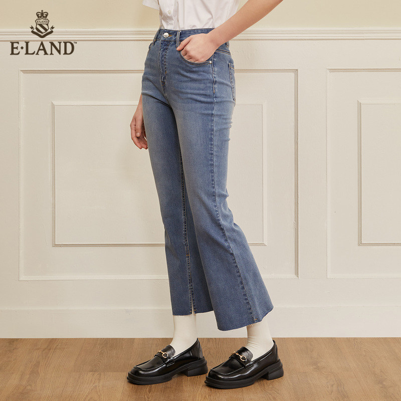 Eland微喇牛仔长裤女款时髦复古显瘦开衩裤脚_虎窝淘