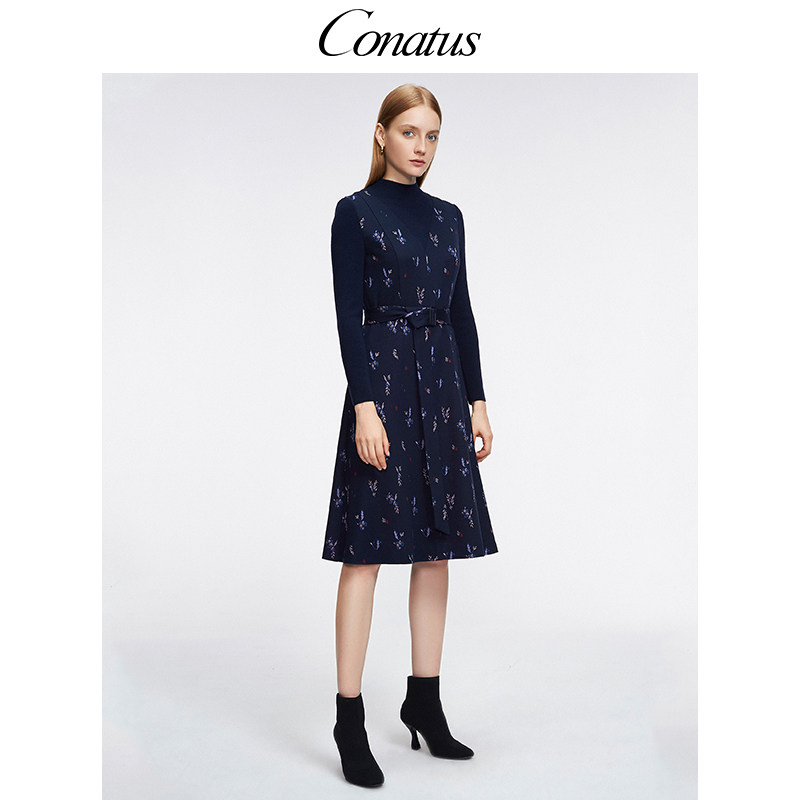 CONATUS/珂尼蒂思热销秋冬新款拼接气质时尚收腰显瘦长袖连衣裙_虎窝淘