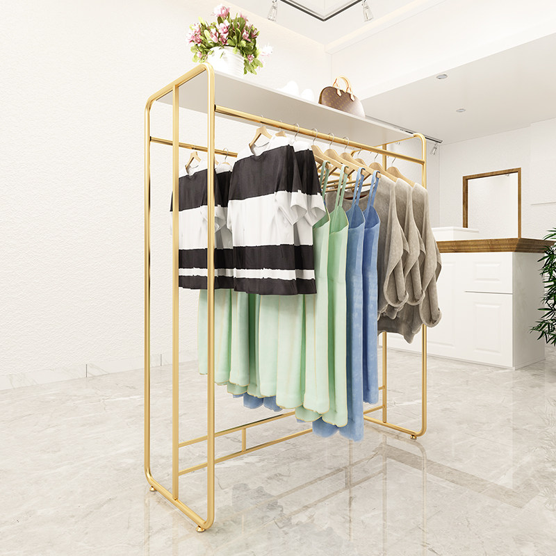 服装店双排中岛展示架衣服陈列架金色挂衣货架实木落地式衣帽架子_虎窝淘
