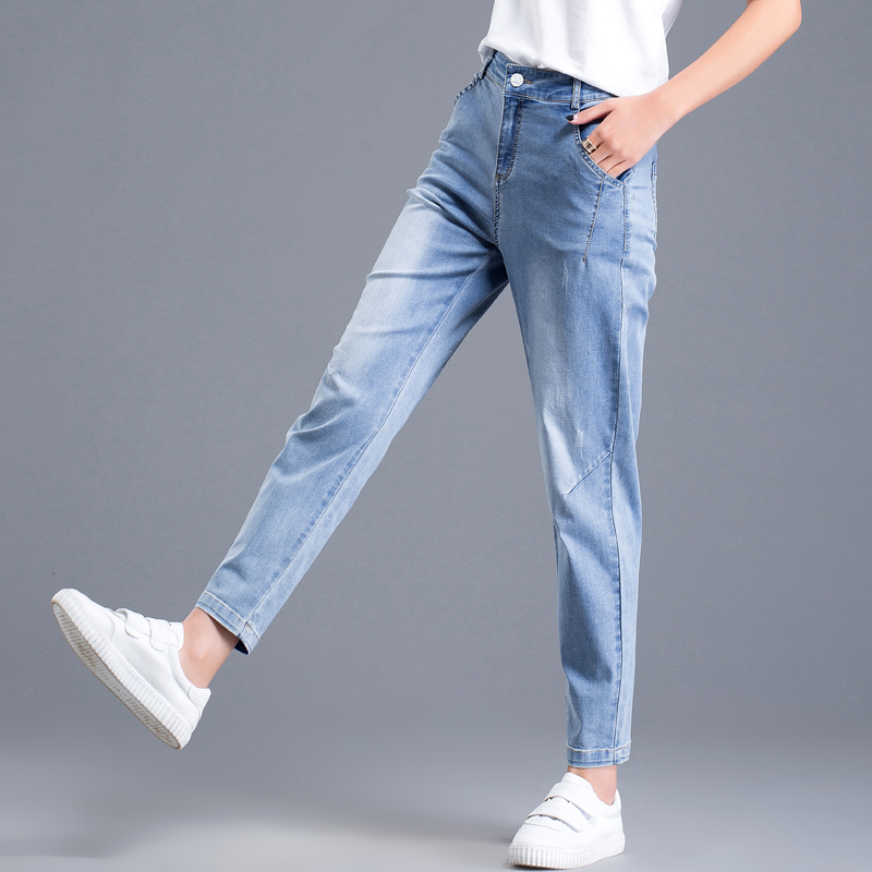 休闲牛仔裤女2023年新款夏季薄款女裤大码冰丝萝卜裤哈伦裤九分裤_虎窝淘