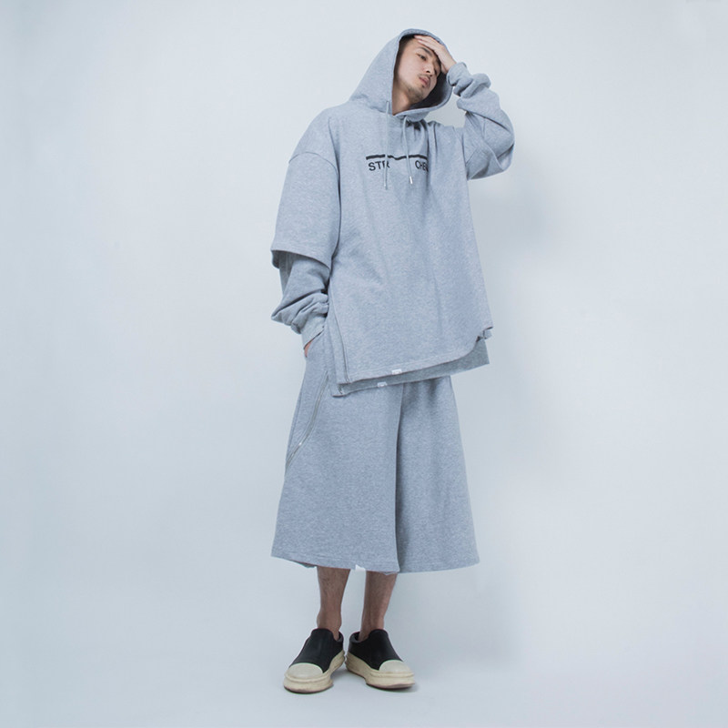 STREAMLET.CHEN:OVERSIZE TEE/圆领开衩拉链纯棉五分袖宽松T恤_虎窝淘