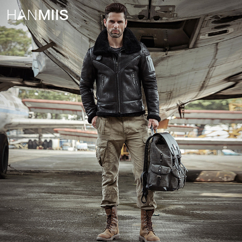 HMS B3印字绵羊皮毛一体男士机车皮草冬外套真皮皮衣男皮夹克_虎窝淘