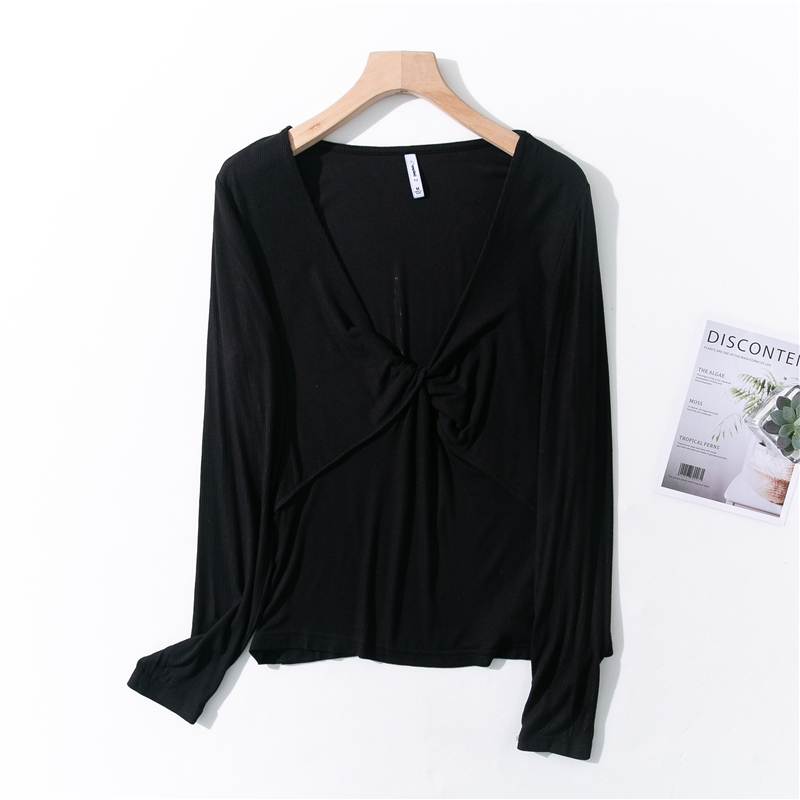 E49-3春季新品女装性感扭结V领修身长袖薄针织时尚深色打底T恤衫_虎窝淘