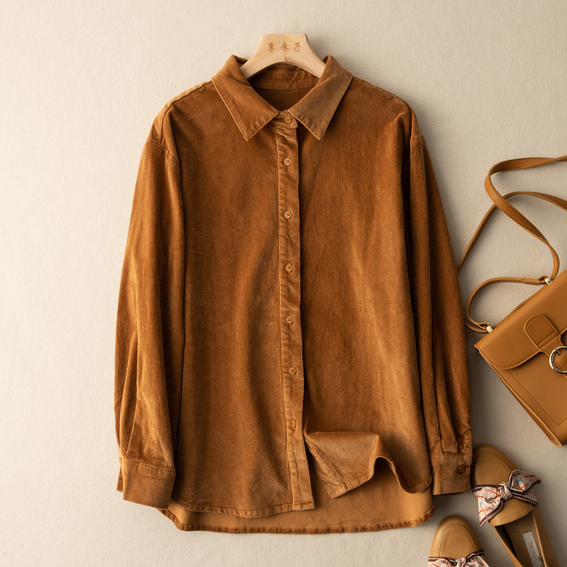 灯芯绒薄绒条绒衬衫女宽松文艺复古纯色衬衣秋冬上衣时尚2022新款_虎窝淘