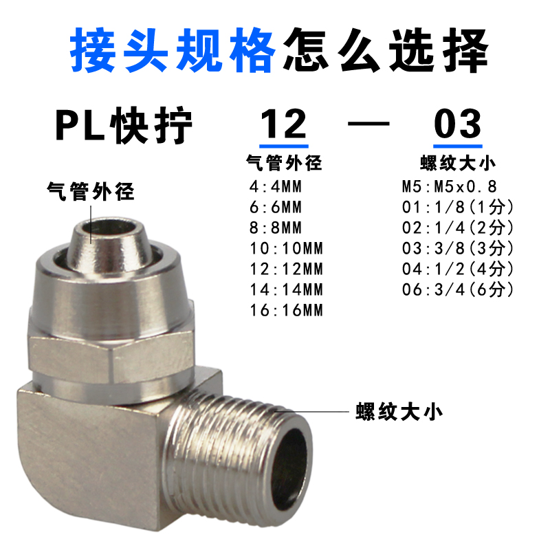 气管快拧弯头/直角锁母/PL4 6 8 10 12-04 03 02 01 M5气动铜接头_虎窝淘