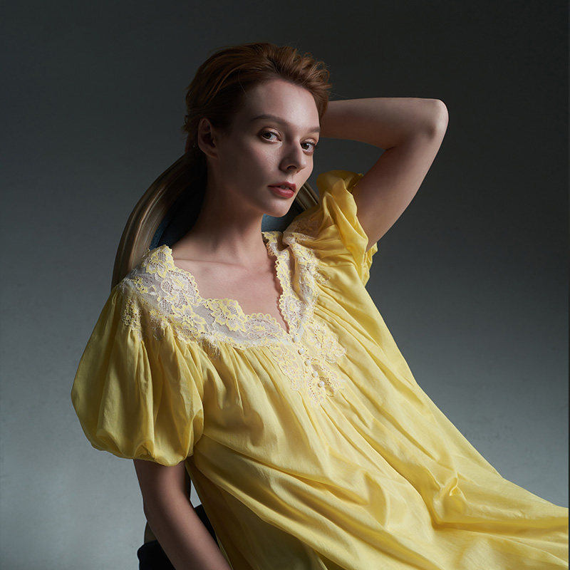 CA BRIDA嘉德丽亚爆款法式经典V领蕾丝精棉亲肤半袖睡裙CMS4B307C_虎窝淘