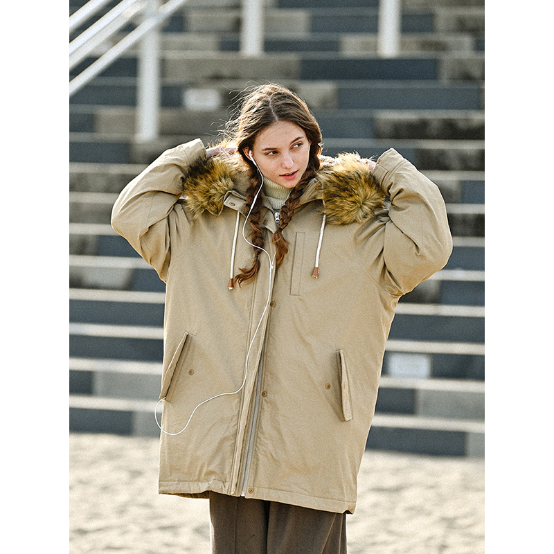 UNRETRO 21FW大毛领派克棉服女中长款冬季小个子加厚连帽棉衣外套_虎窝淘