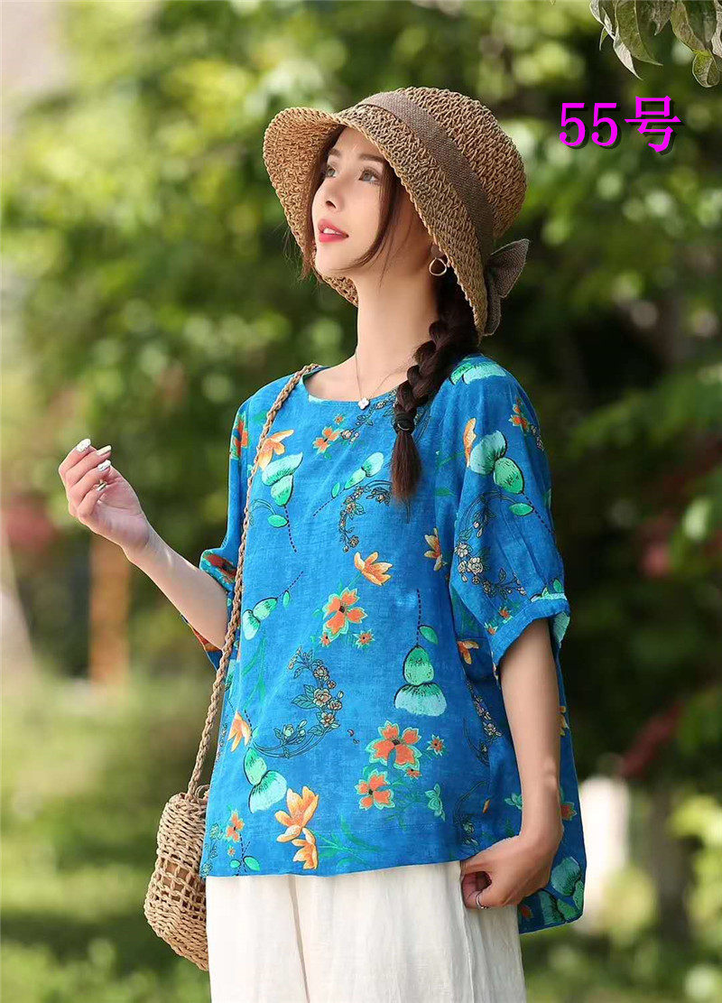 E545夏季新款舒适棉麻印花圆领衬衫宽松气质百搭女上衣甜美0.11_虎窝淘
