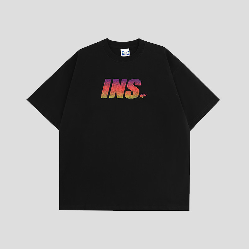 INSstudios国潮牌情侣美式渐变牙刷绣立体LOGO短袖宽松纯棉T恤男_虎窝淘