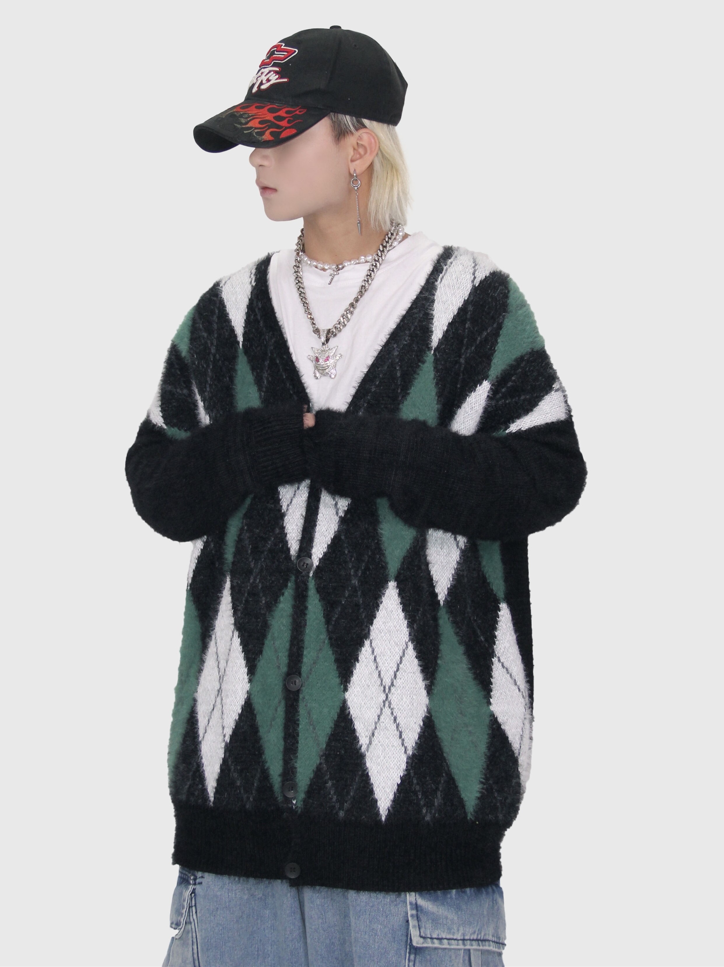 INSstudios自制韩国ins复古菱形格马海毛衣排扣针织开衫外套男女_虎窝淘