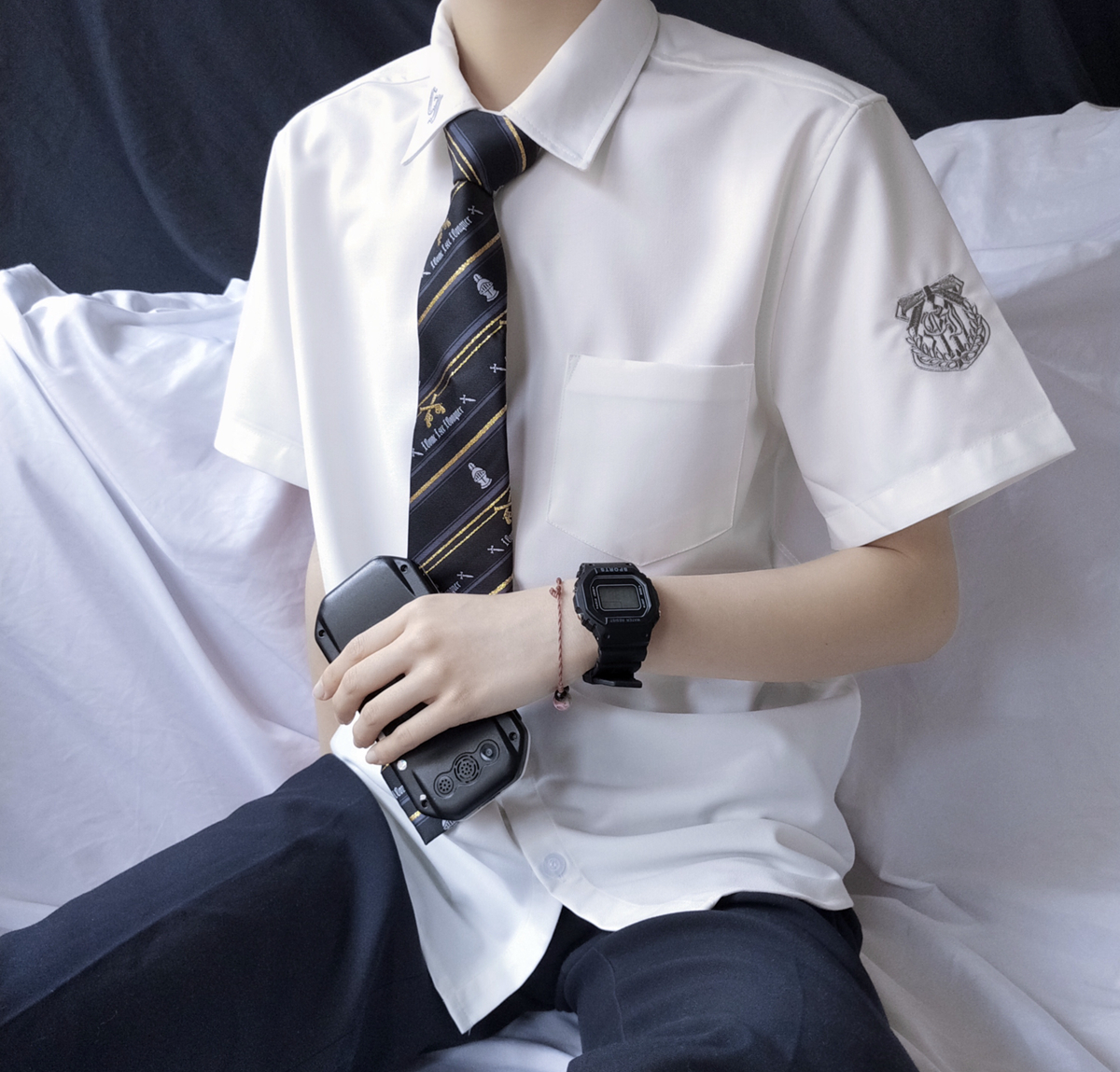 【刺篇原创】冰与星原创日系jk/dk制服短袖银灰刺绣白衬衫男款_虎窝淘