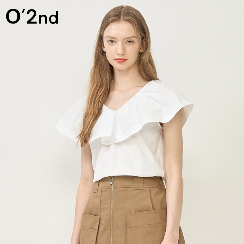 O'2nd/奥蔻2023夏季新款法式气质V领荷叶边氛围感T恤上衣_虎窝淘