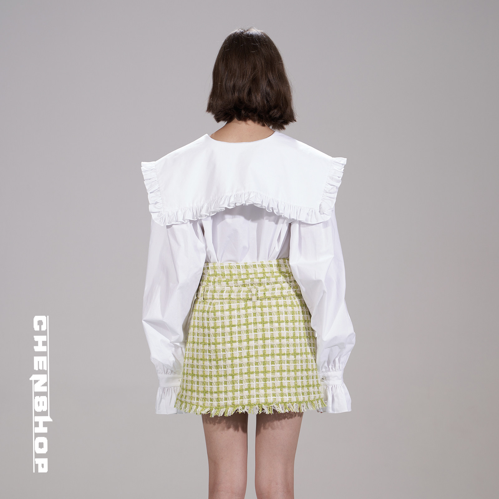 CHENSHOP设计师品牌ESTER HSU娃娃领荷叶边袖衬衫半裙V领小黑裙_虎窝淘