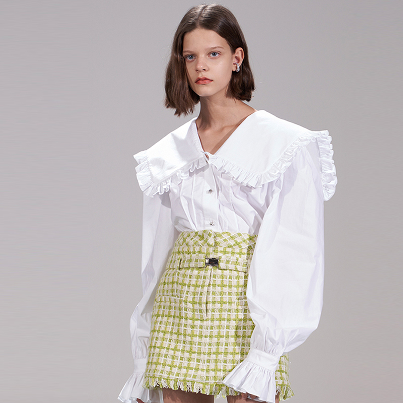 CHENSHOP设计师品牌ESTER HSU娃娃领荷叶边袖衬衫半裙V领小黑裙_虎窝淘