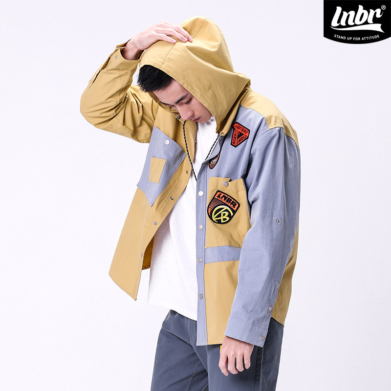 LNBR原创潮牌连帽衬衫拼色大码男装衬衣青春潮流OVERSIZE胖哥衬衫_虎窝淘