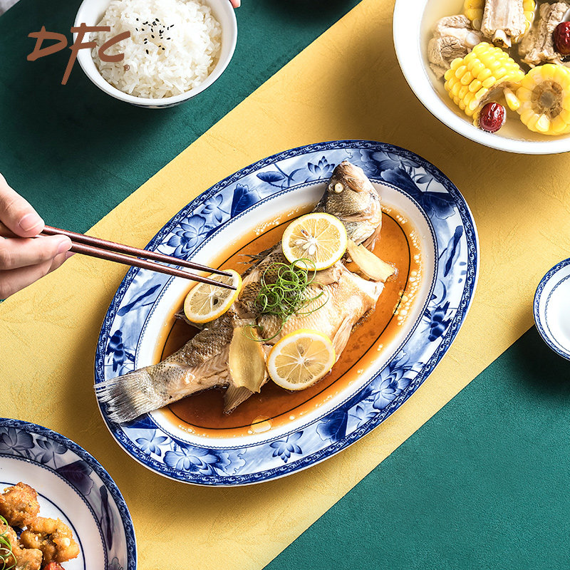 DFC五洲御瓷青花餐具饭碗碟汤碗鱼盘釉下彩勺子家用青花餐具搭配_虎窝淘