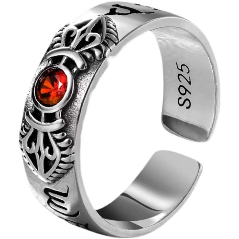 招财转运复古金刚杵六字真言戒指男女款开口个性小众原创S925纯银_虎窝淘