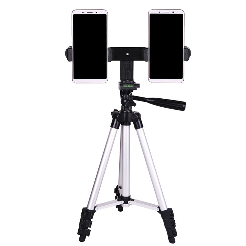 双手机直播支架桌面2机位多功能三脚架落地式快手网红主播补光灯落地户外便携拍抖音三角架_虎窝淘